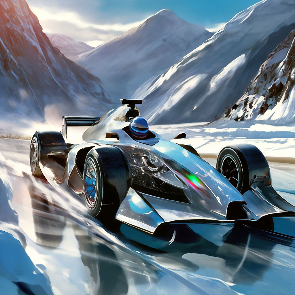"Crystal Formula 1 rides in the mountains on ice" — image created in ...