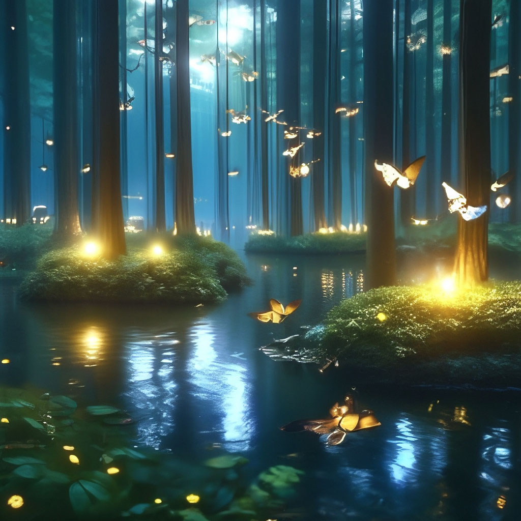 "Fabulous magical forest, lake, fireflies, butterflies, professional ...
