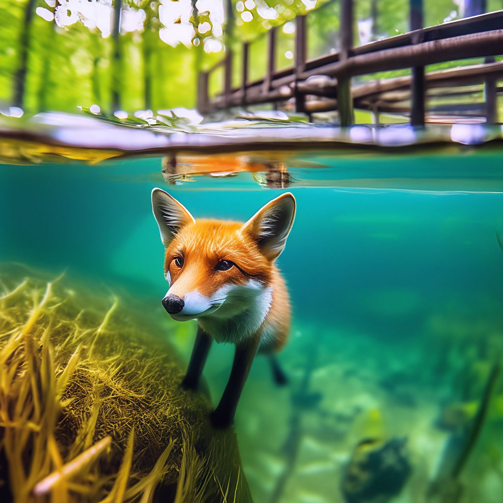 "🦊The fox is sitting on a wooden bridge on a pond, as if fishing, a ...