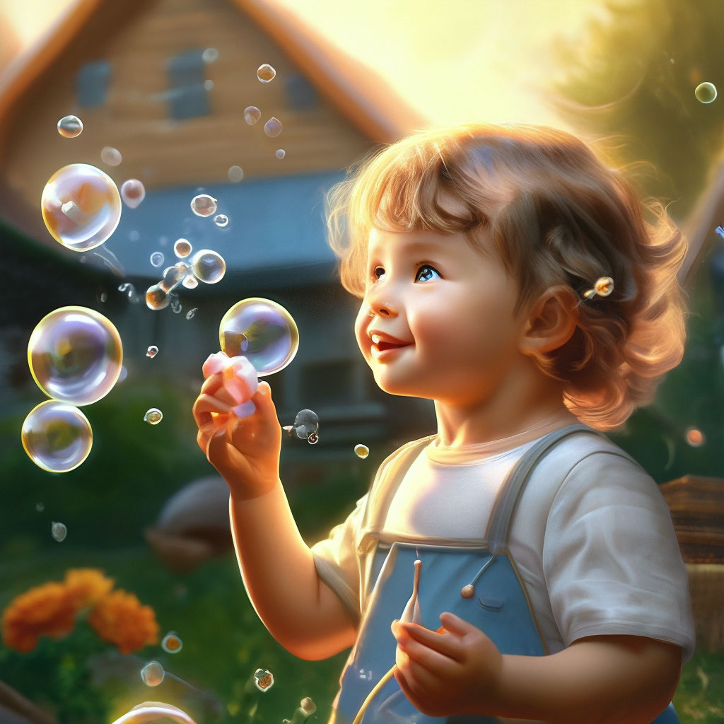 "Cute child playing with soap bubbles, hyperdetalization, hyperrealism ...