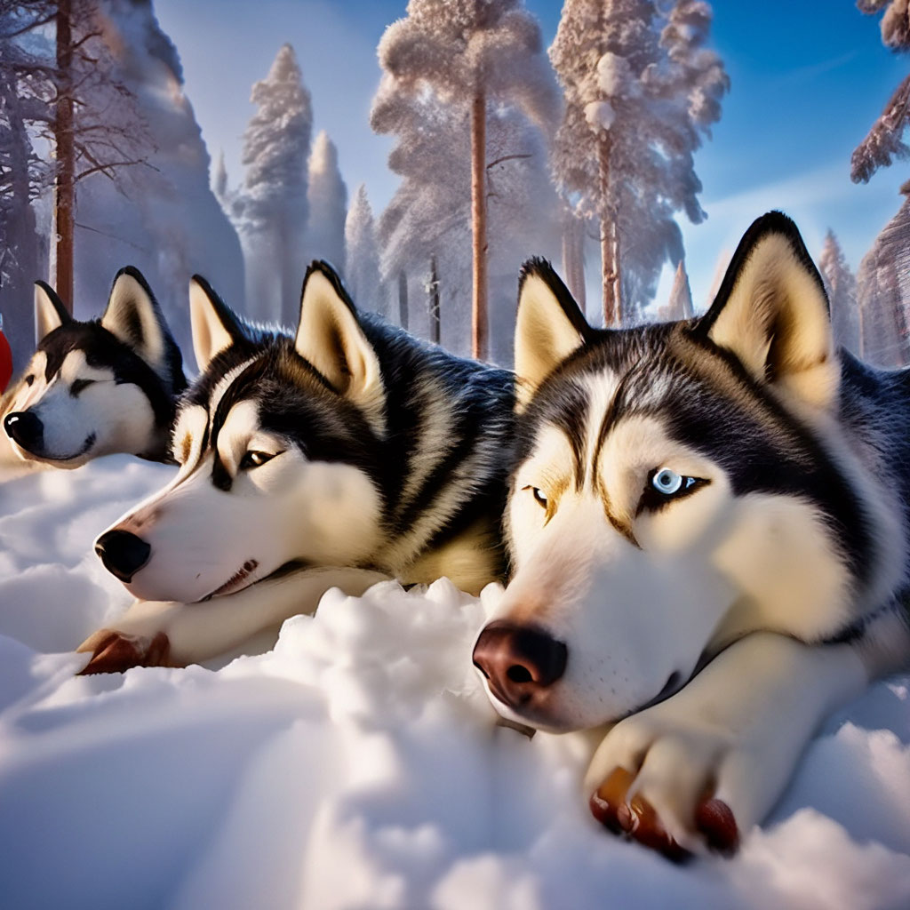 "Siberian huskies sleep in the snow in winter" — image created in Shedevrum