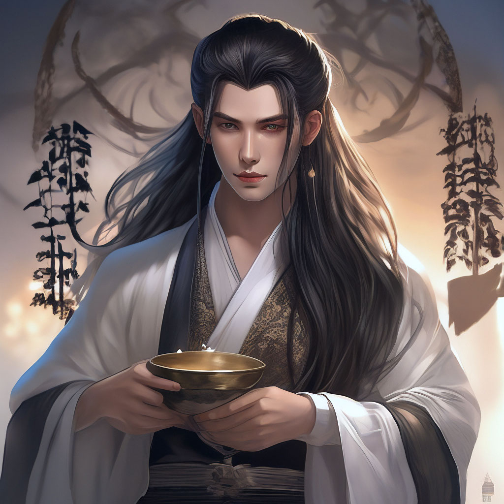 "Alchemy, magic, waist-high guy, long hair, handsome stern man ...