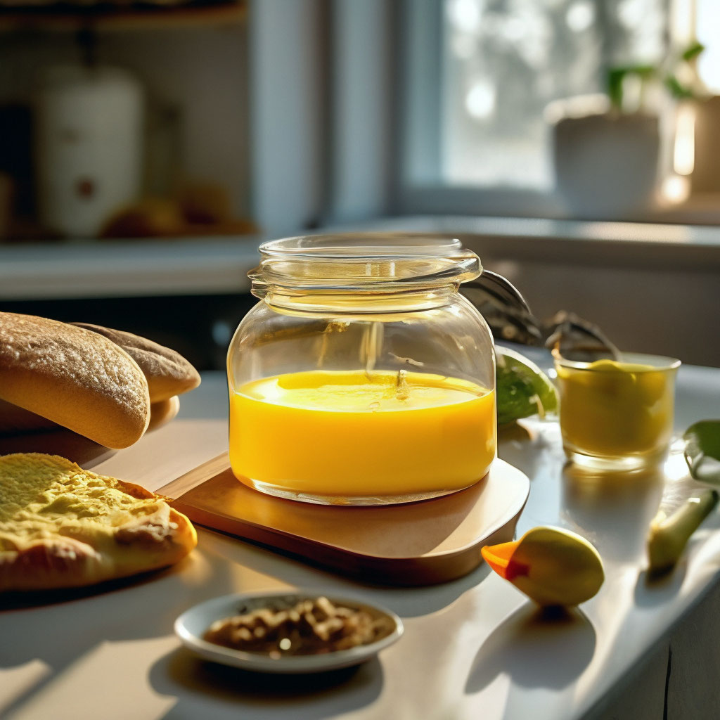 "A transparent pot with transparent yellow butter in a cozy kitchen ...