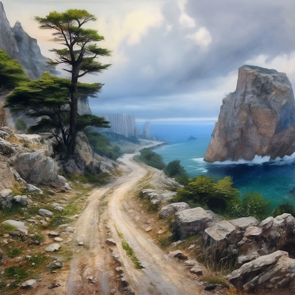 ". Crimea. landscape road, rocks, trees, hyperrealism, high detail ...