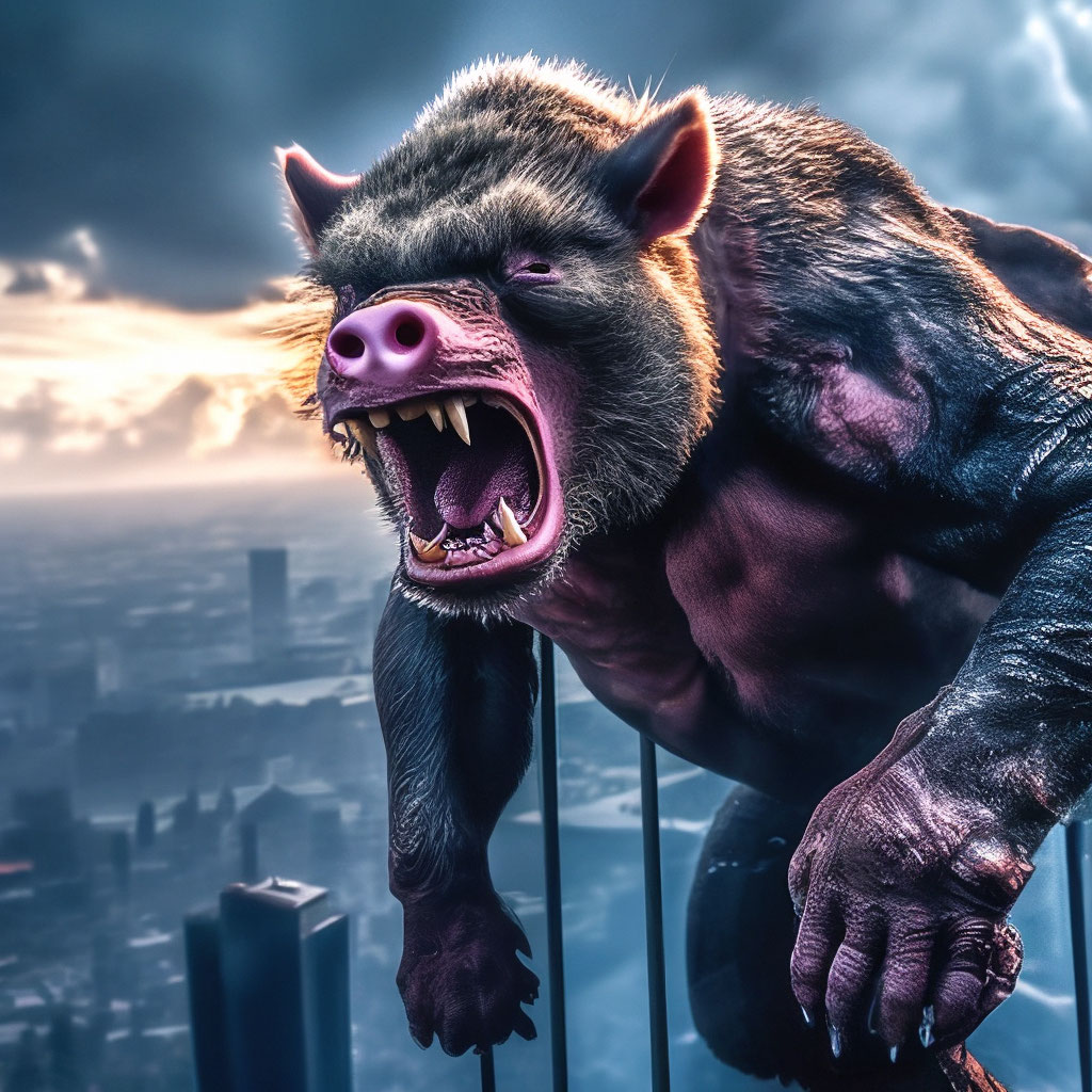 "Angry pig, pig in the role of kong, crawling on a skyscraper ...