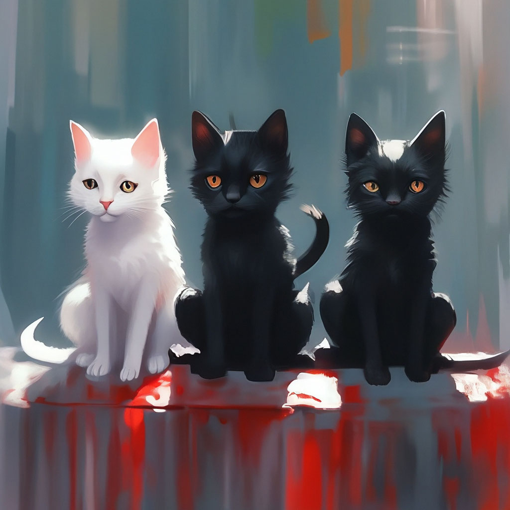 "Three small cats, one red, the other completely white, and the third ...