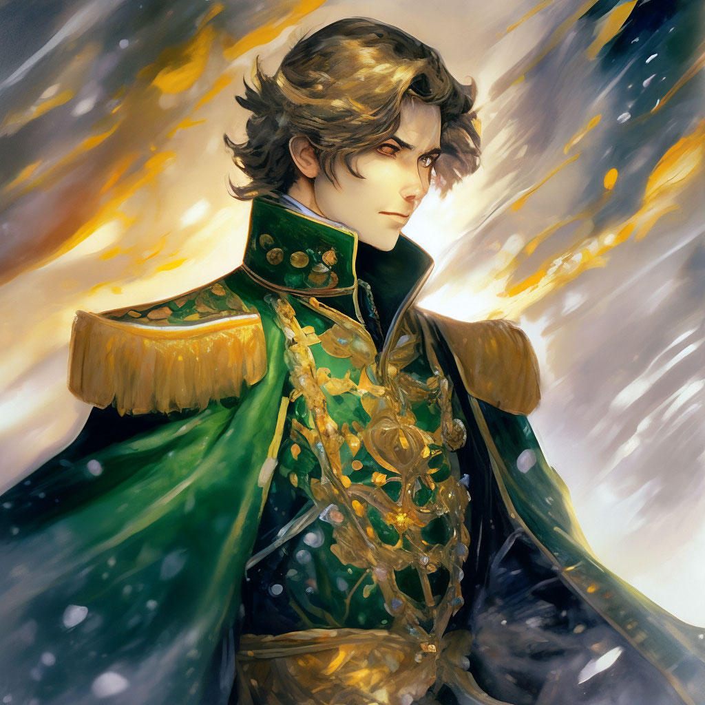 "The beautiful aristocratic face of the prince in a dark green doublet ...