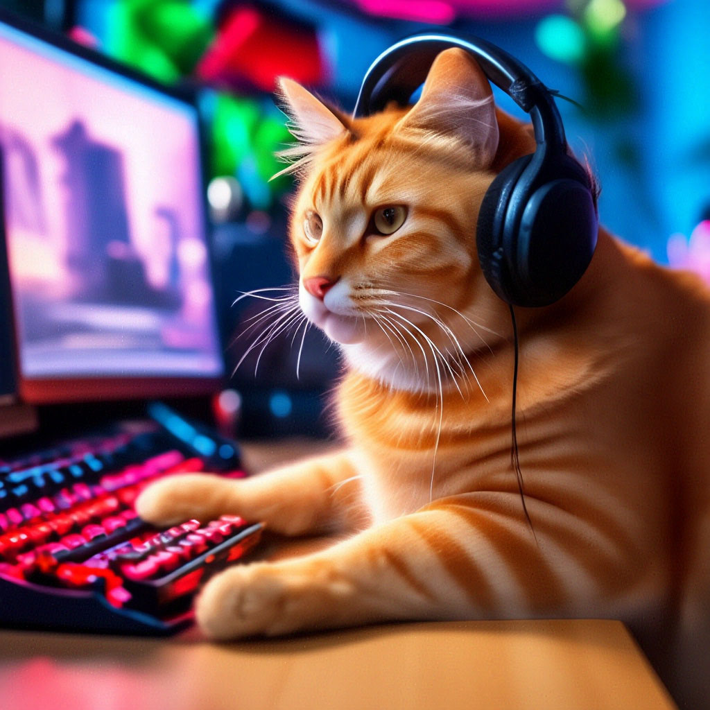 "A red-haired cat in gaming headphones with a computer" — image created ...