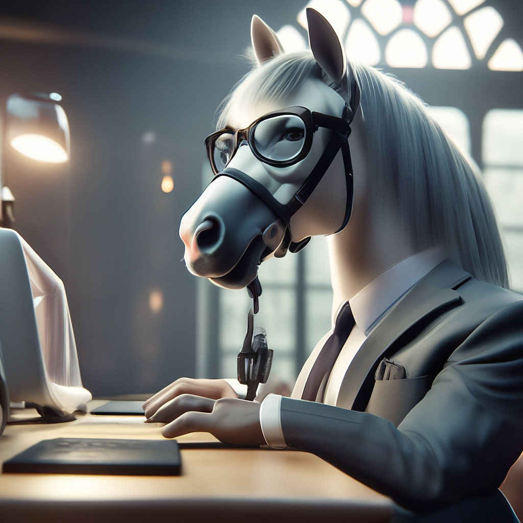 "A tired pony in glasses and a suit is sitting at a table with a ...