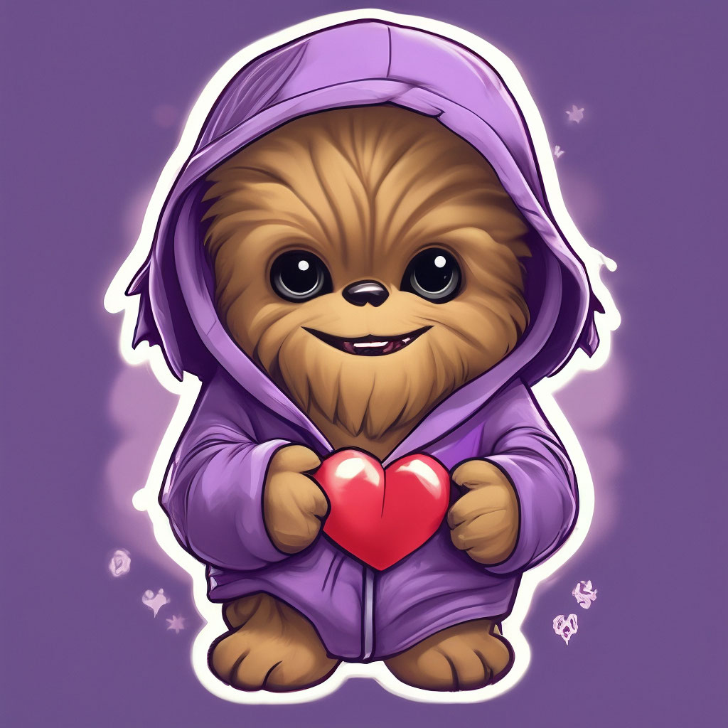 "Fluffy cute bug-eyed baby chewbacca in a purple hoodie holds a heart ...