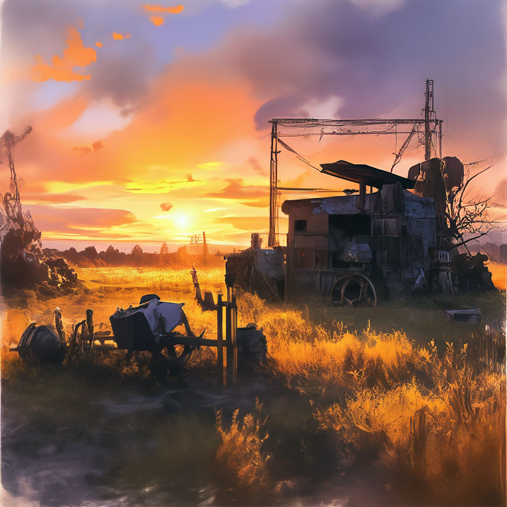 "Watercolor, abandoned field, old equipment, withered grass, post ...