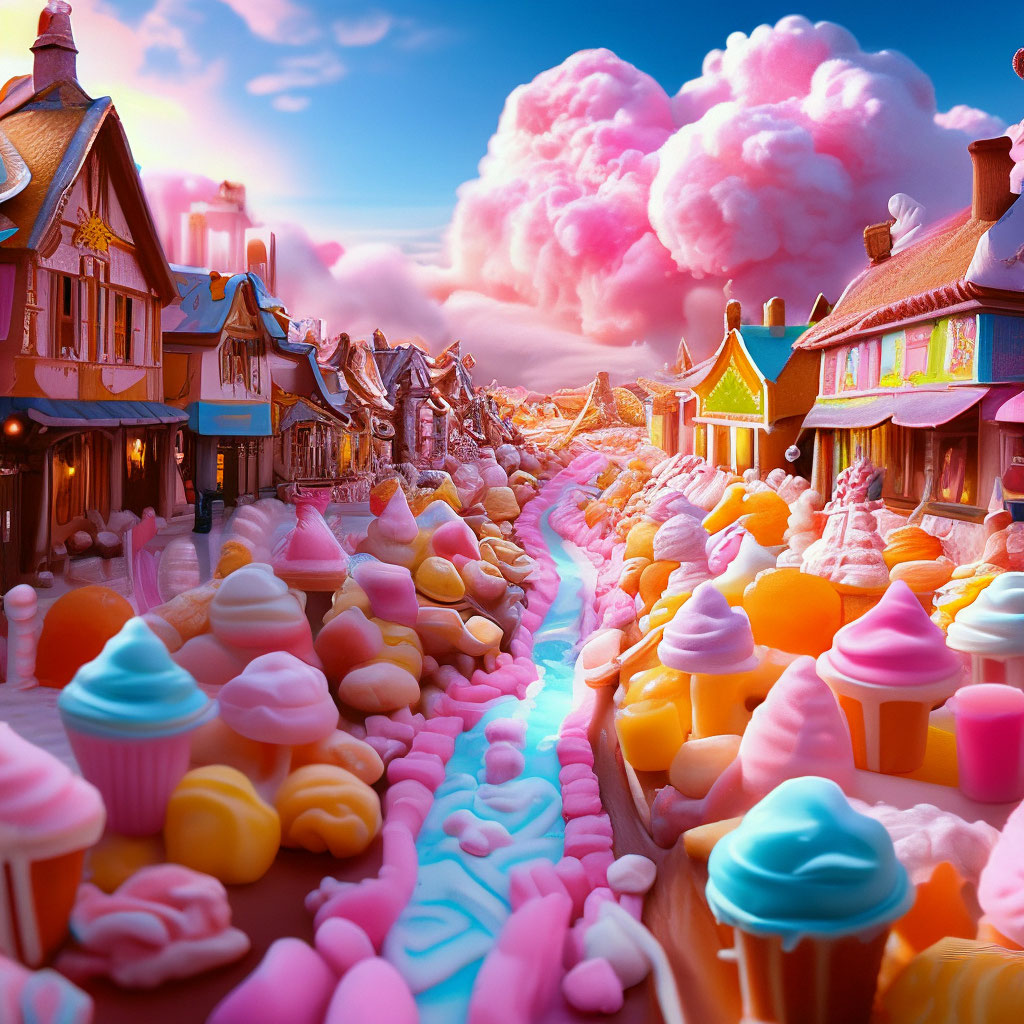 "The sky is made of cotton candy.beautiful marmalade village with milk ...