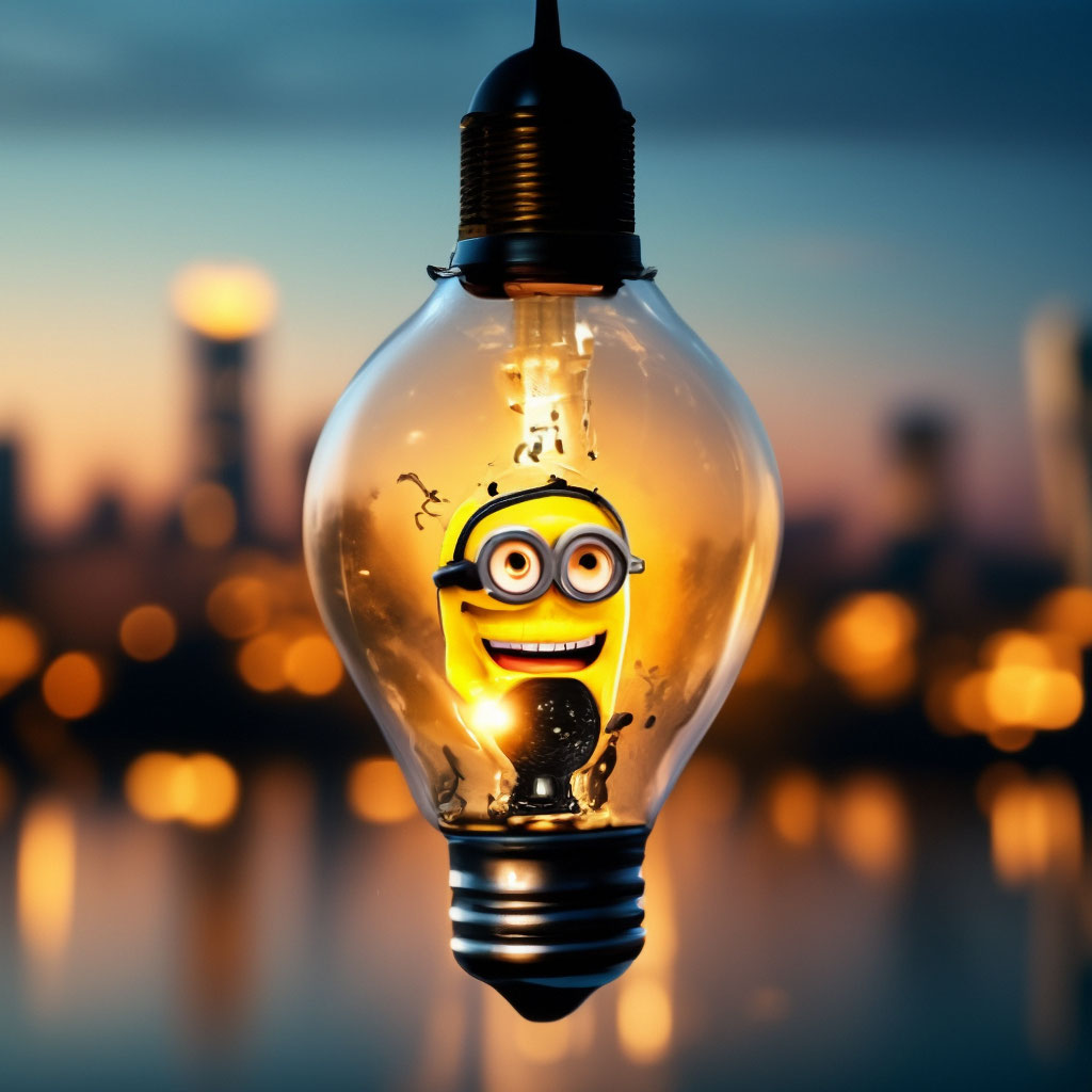 "Inside a hanging large light bulb, a minion is trying to break glass ...
