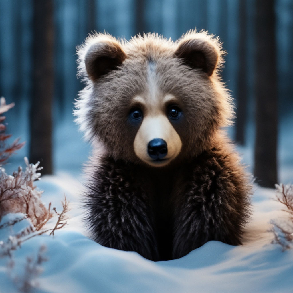 "A lonely, sad little bear cub in the winter forest is looking for his ...