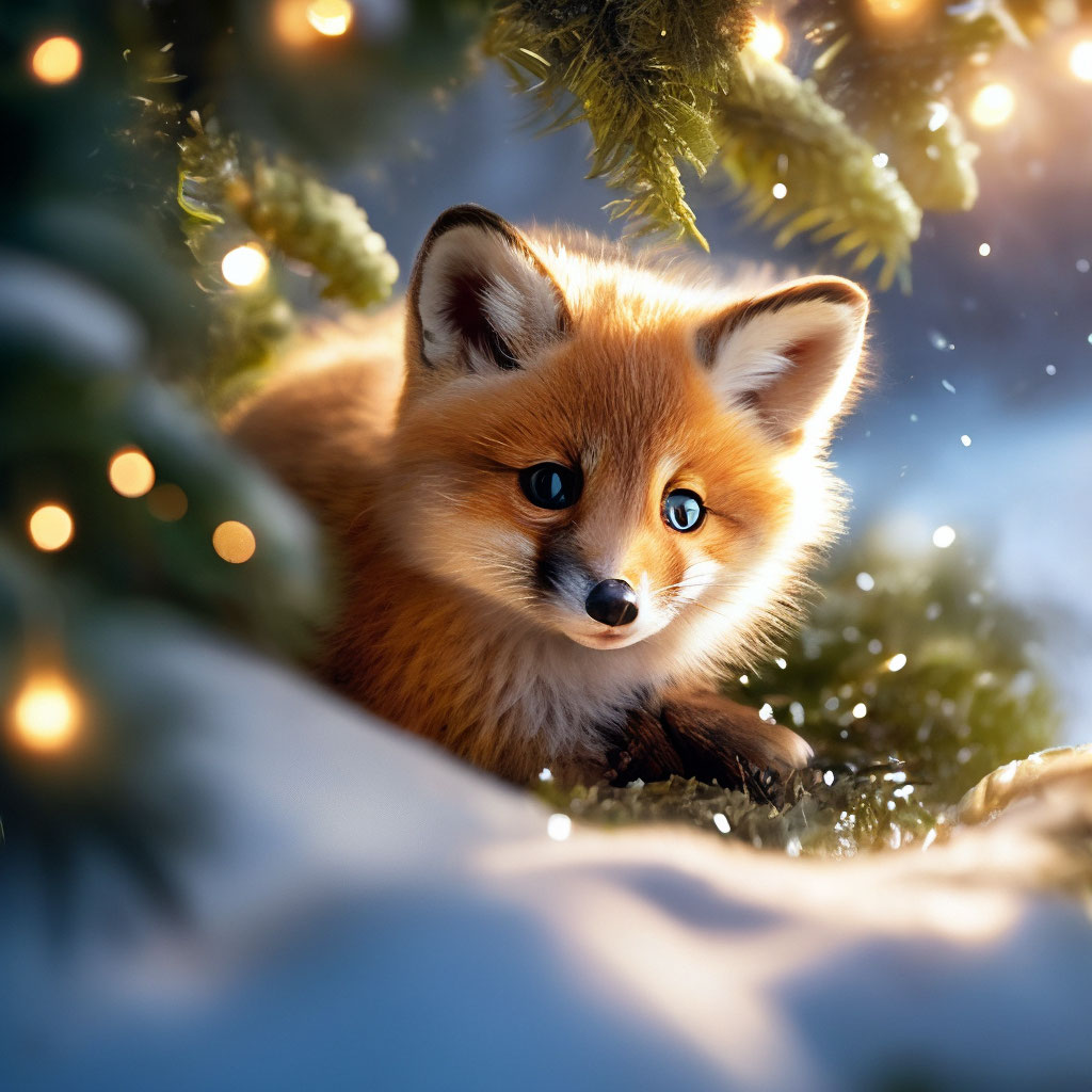 "Cute fluffy baby fox looks out from under the branches of the ...