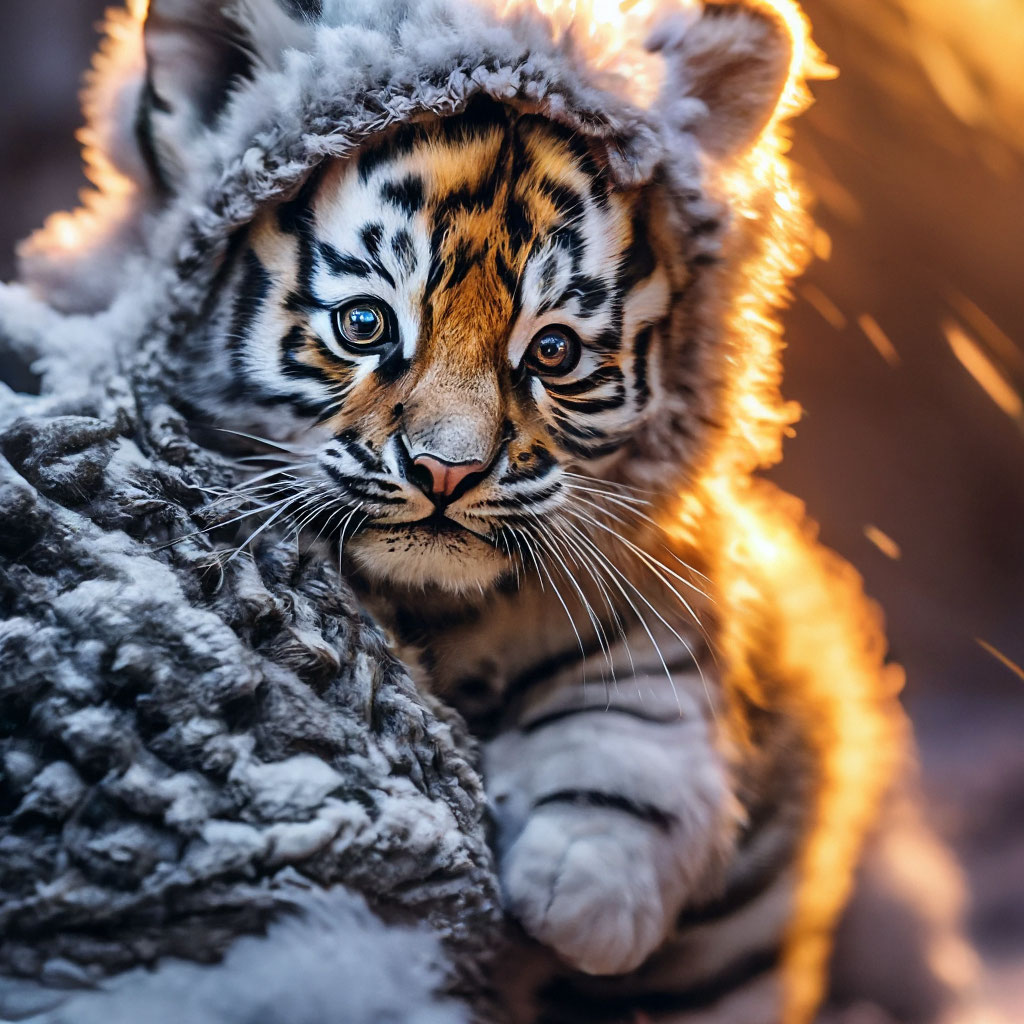"Stunning hyperrealism, fluffy cute tiger cub in a cap, stylized design ...