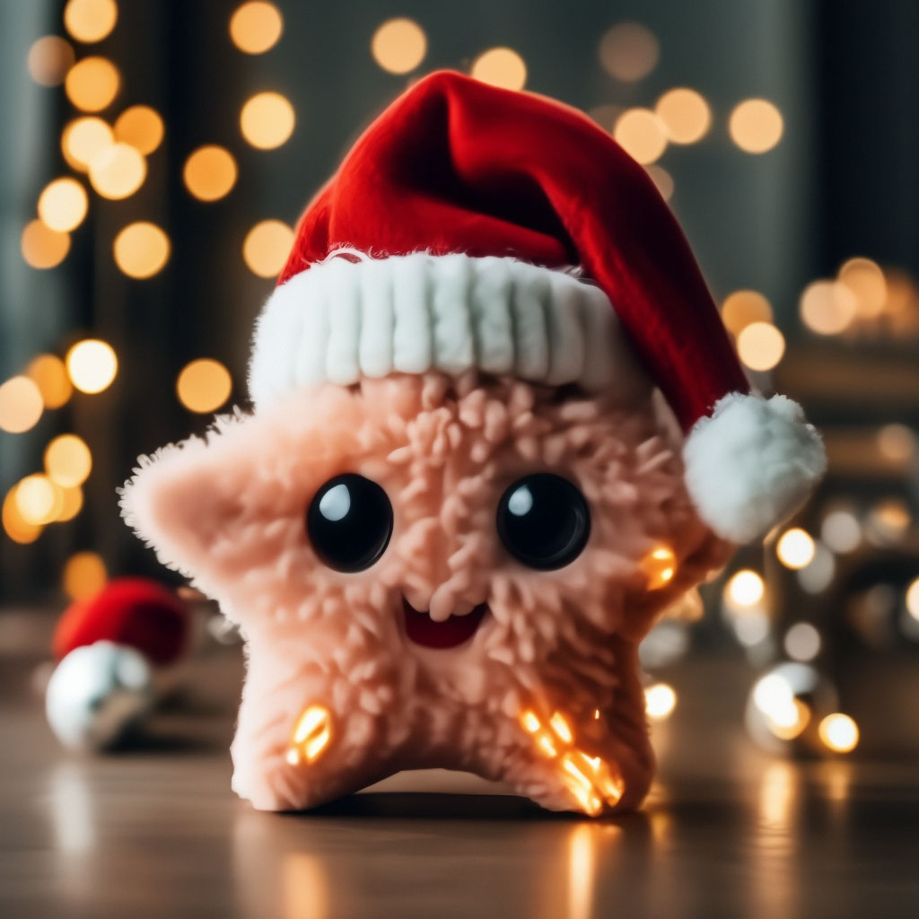 "Fluffy starfish with eyes, very cute in a Christmas hat, garlands ...