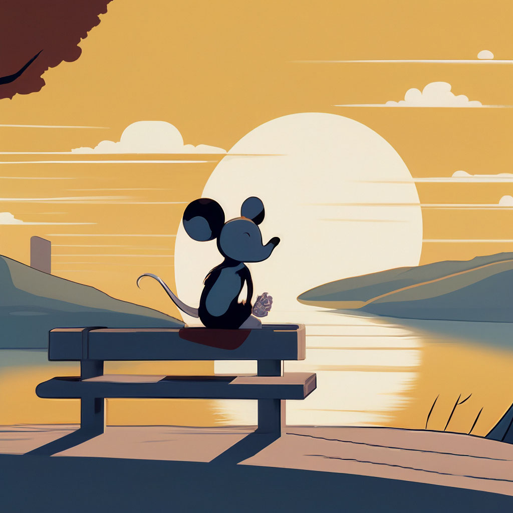 "Cartoon mouse sitting on a bench on a steep riverbank, sunny ...