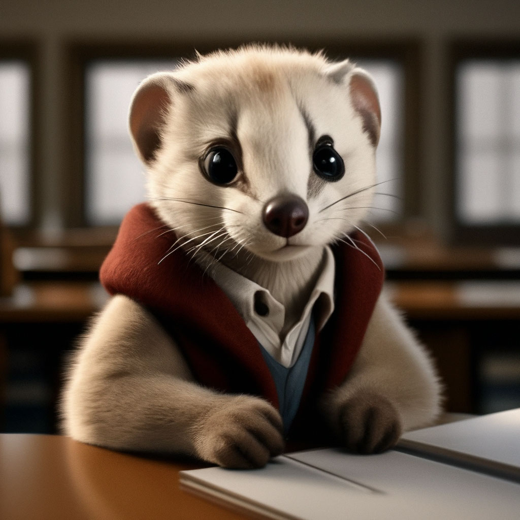 "Anthropomorphic white weasel sitting at a desk at school, winter ...