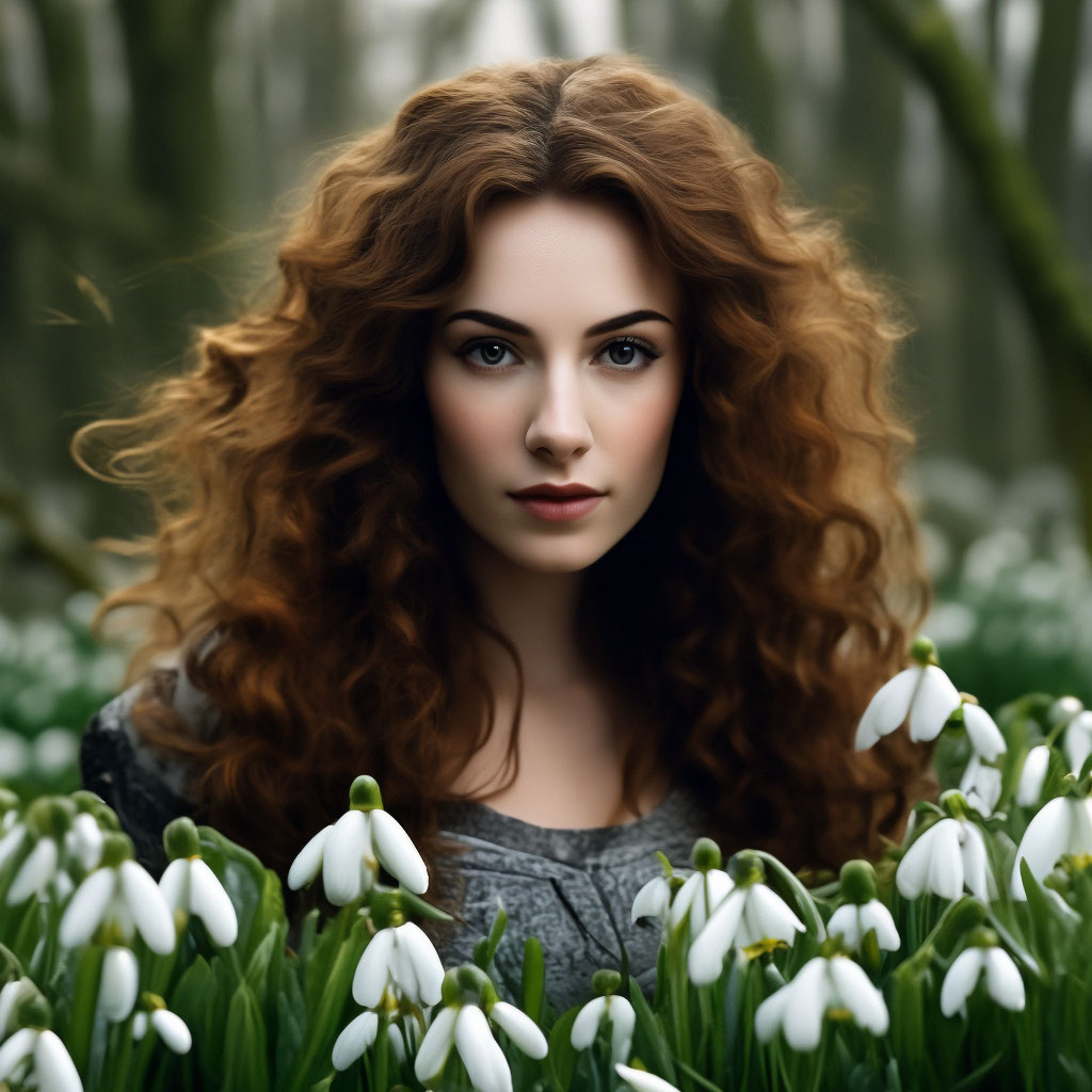 "The snow queen surrounded by snowdrops" — image created in Shedevrum