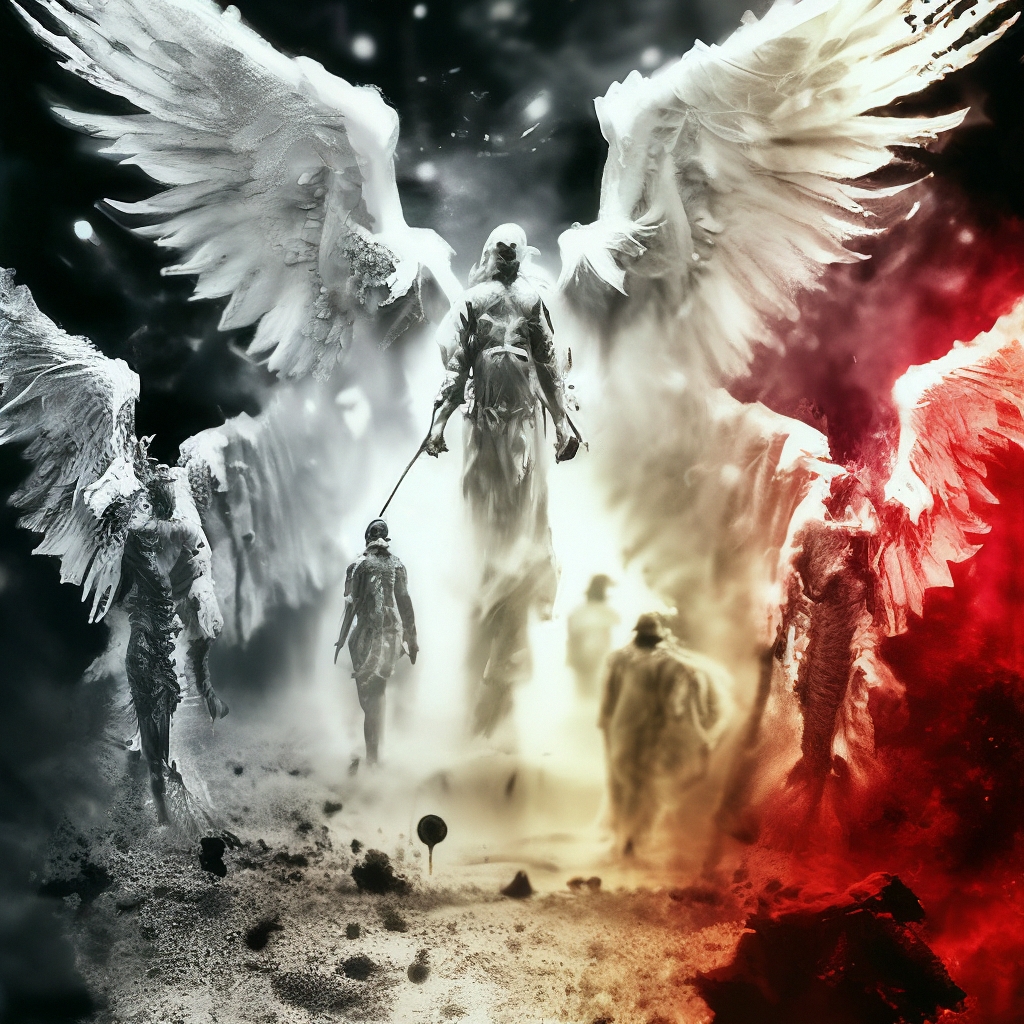 "The invasion of angels male angels with swords descend to earth, many ...