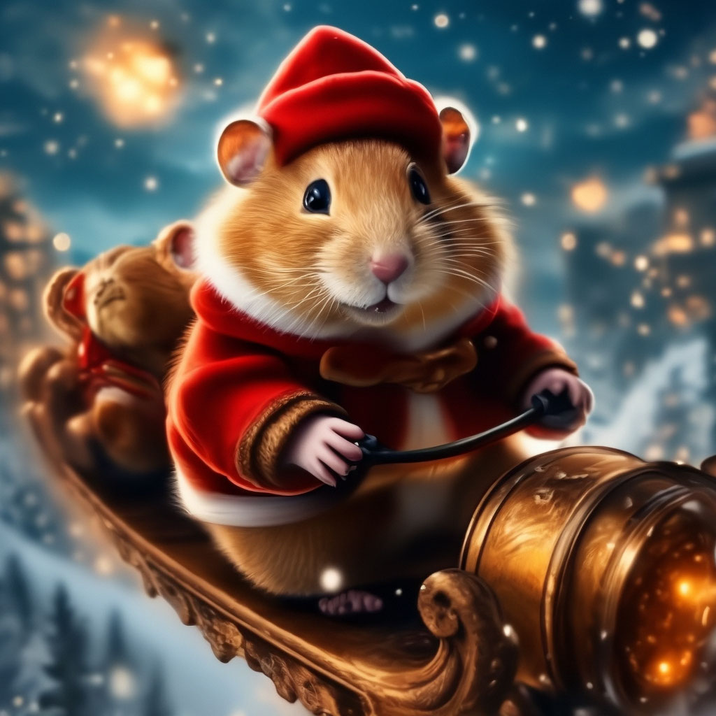 "The Santa Claus hamster flies through the sky in a magic sled pulled ...