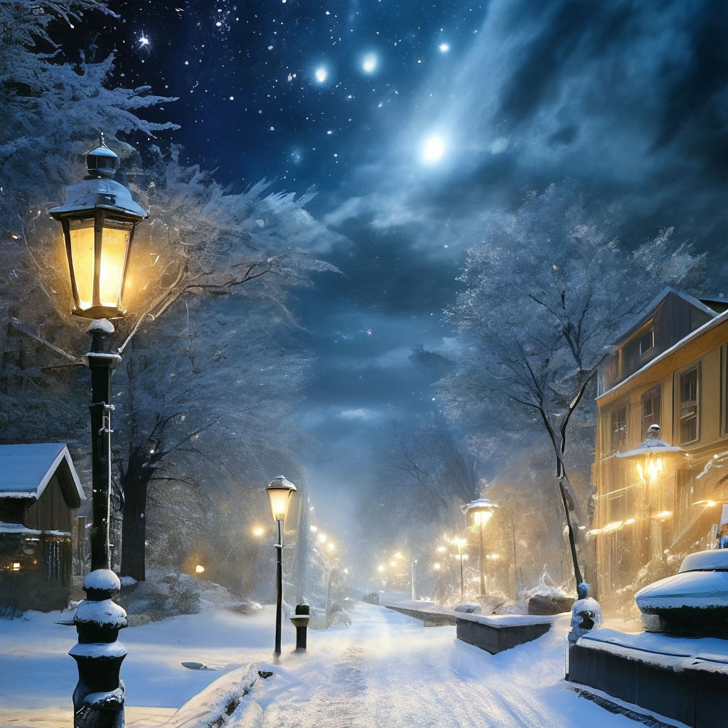 "Winter landscape street,one lantern,refined and filigree, snow-covered ...