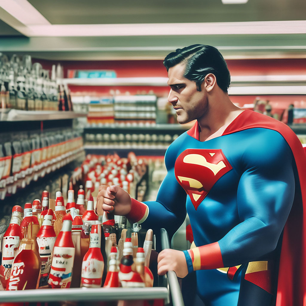 "Superman buys beer at the supermarket" — image created in Shedevrum
