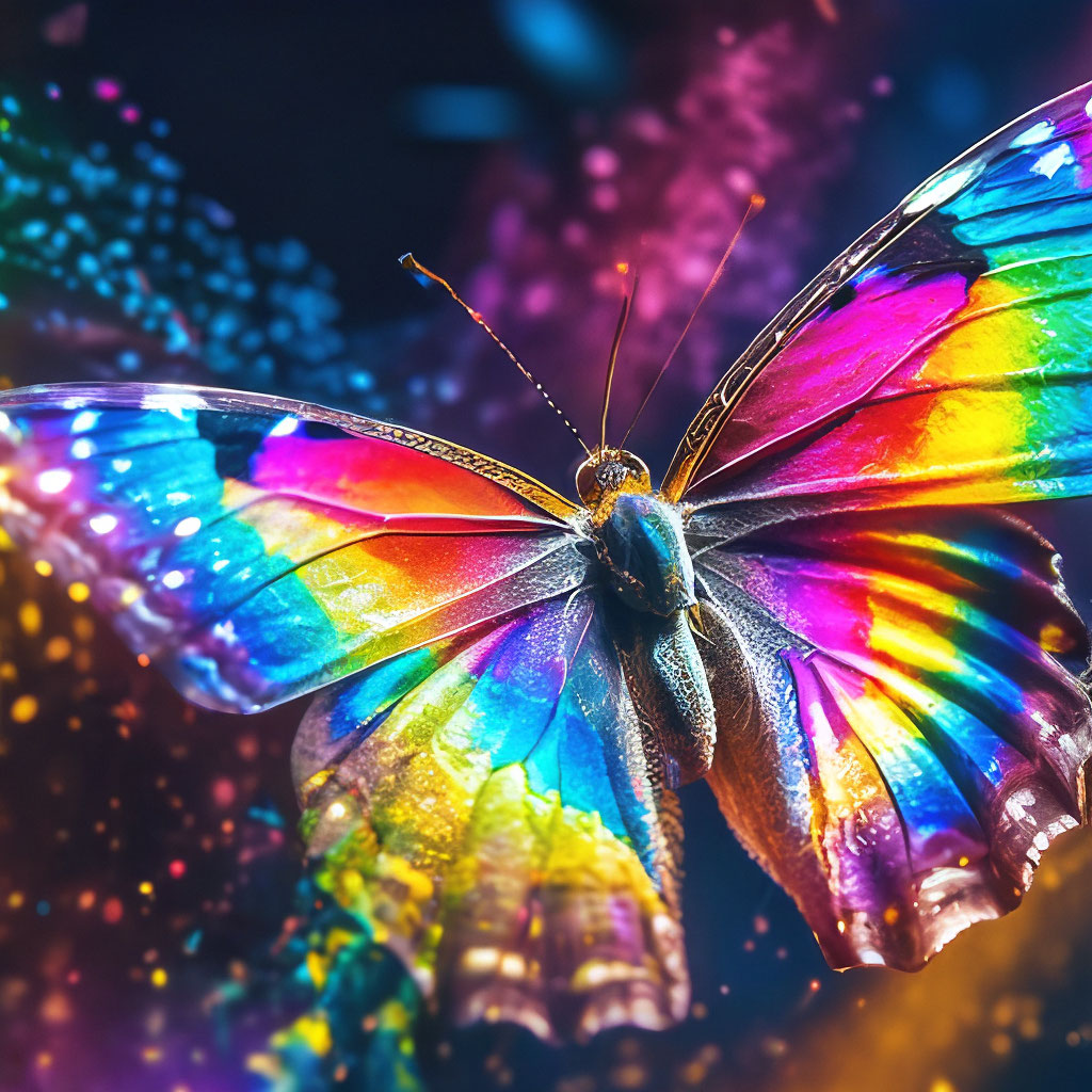 "A large rainbow butterfly, flapping its wings spraying colored dust ...