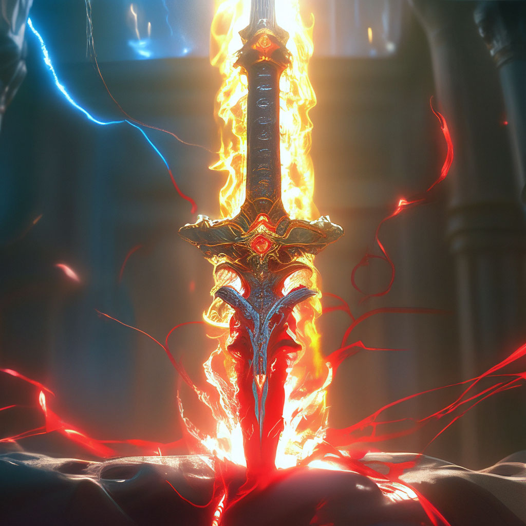 " a sword in stone.lightning. + connected, ue5,rays of the sun, high ...