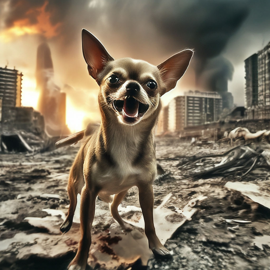 "Angry chihuahua destroys the city, anger" — image created in Shedevrum