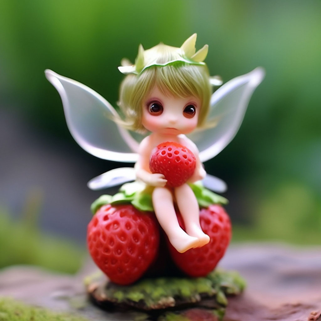 "Cute strawberry fairy mini, sitting on a strawberry, transparent wings ...