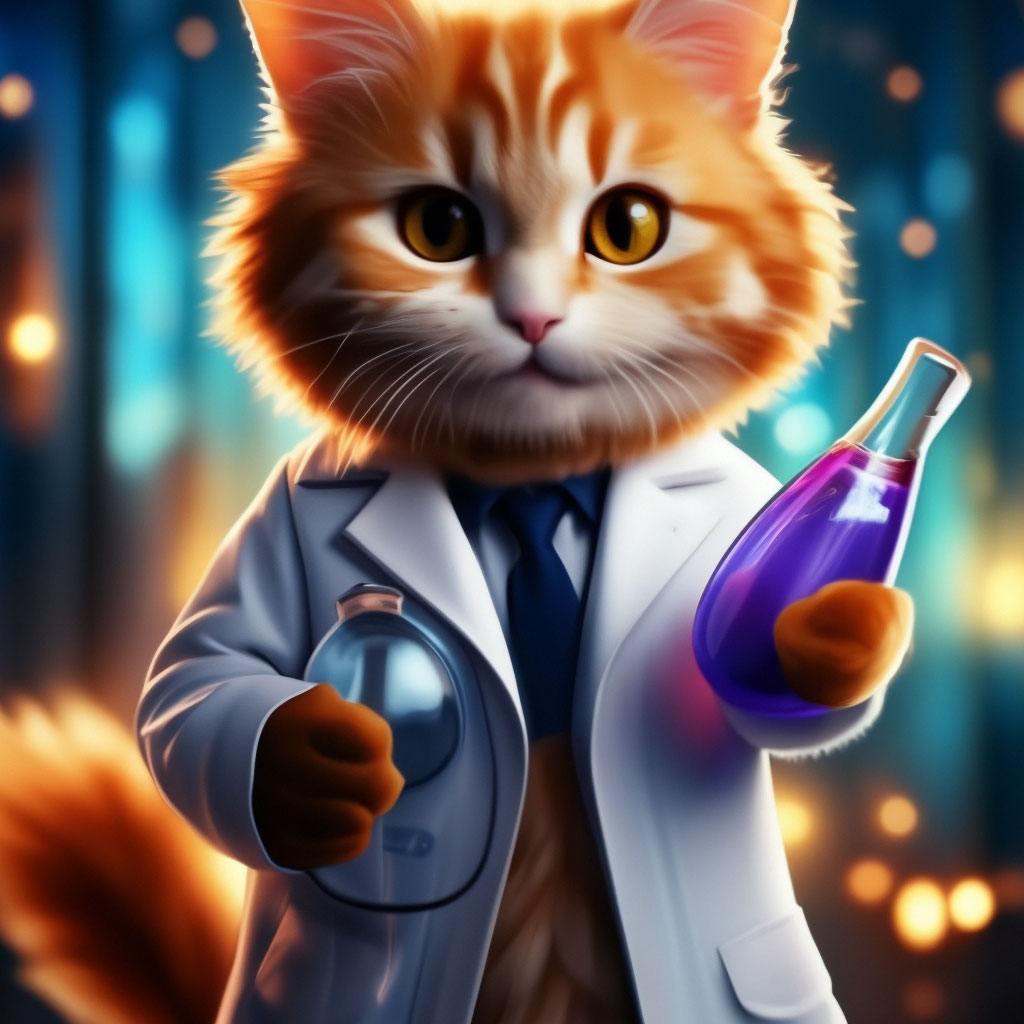 "A cheerful red-haired chemist cat in a white coat holds a round ...