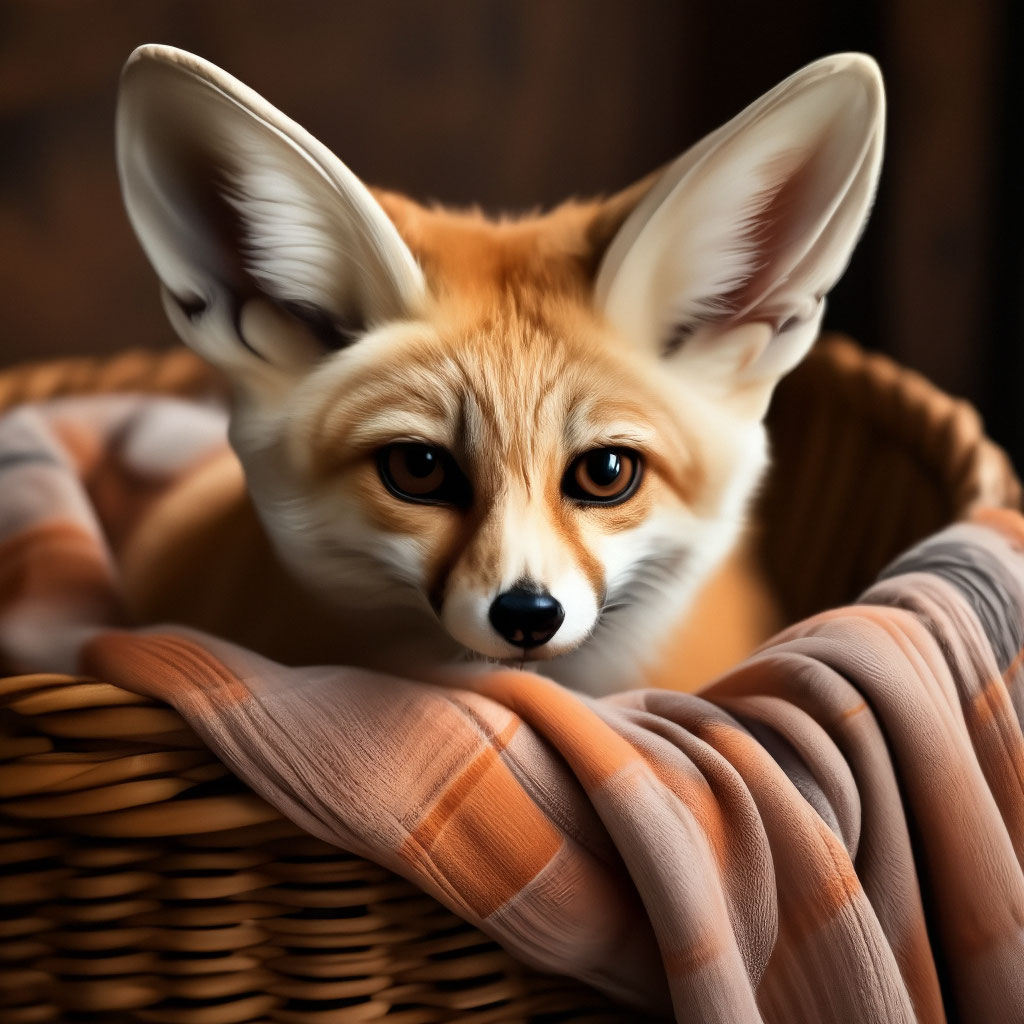 "Fenek, raw, sitting in a basket, nice, extreme detail, a dusty orange ...