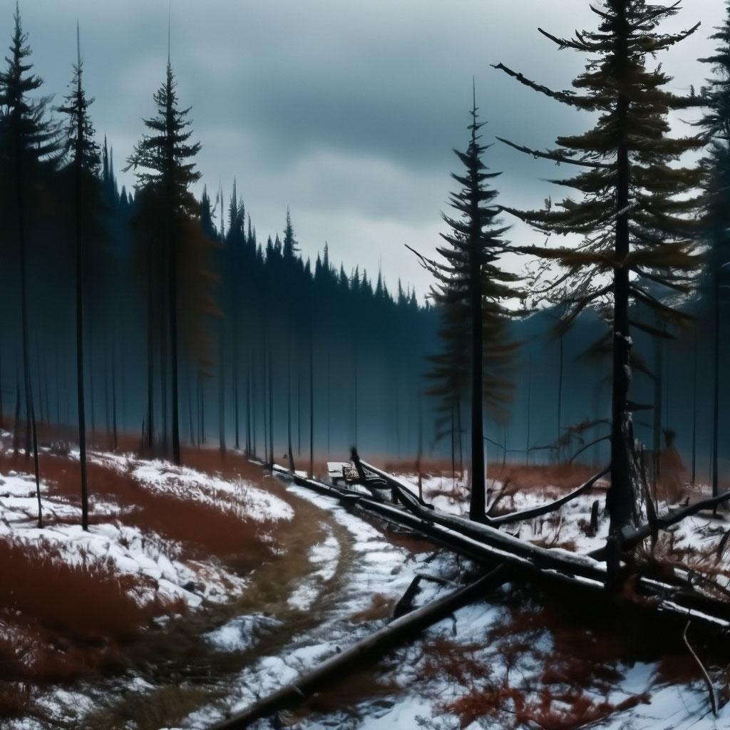 "Christmas trees, sticks, dense forest..." — image created in Shedevrum