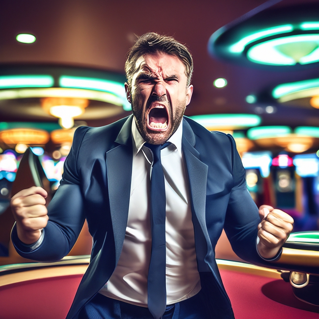 "Angry man in a jacket shouts at the casino" — image created in Shedevrum