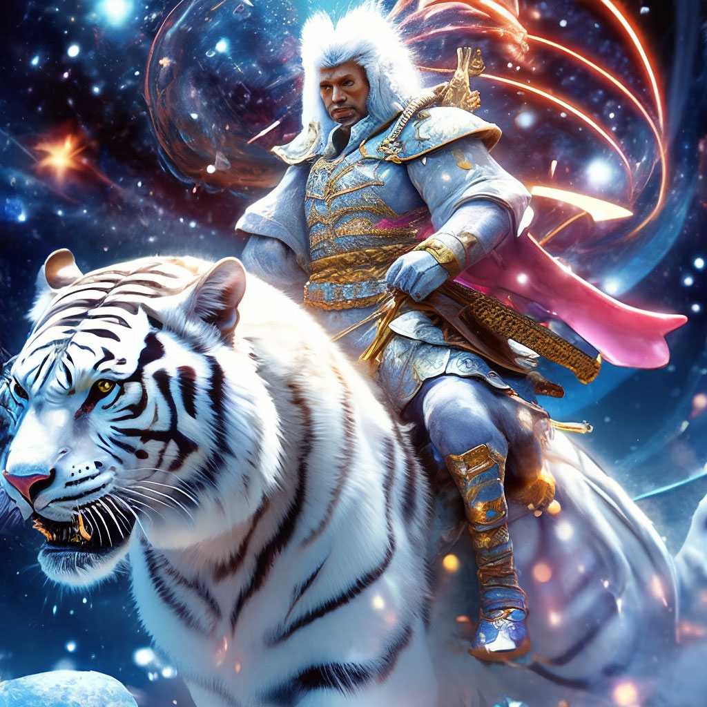 "Galactic samurai on a snow-white tiger rabbit hole jump, fairy tale ...