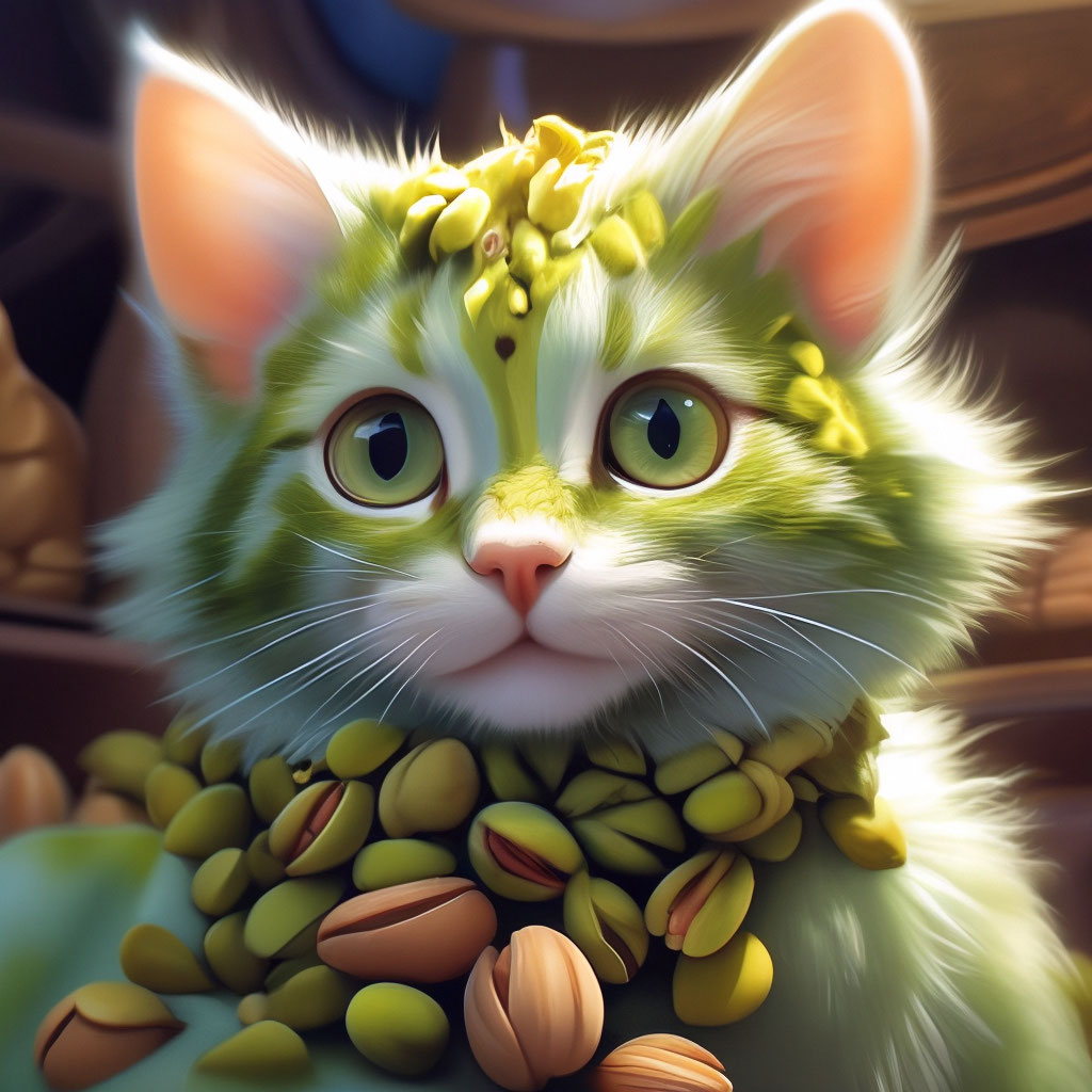 "Unusual mystical, fabulous, cartoon pistachio cat, realism ...