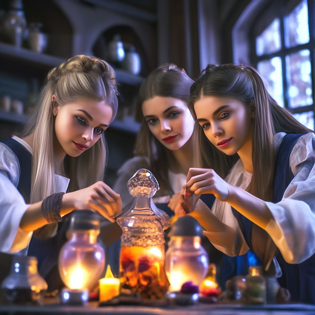 "Three young witches prepare a love potion, , aesthetically pleasing ...