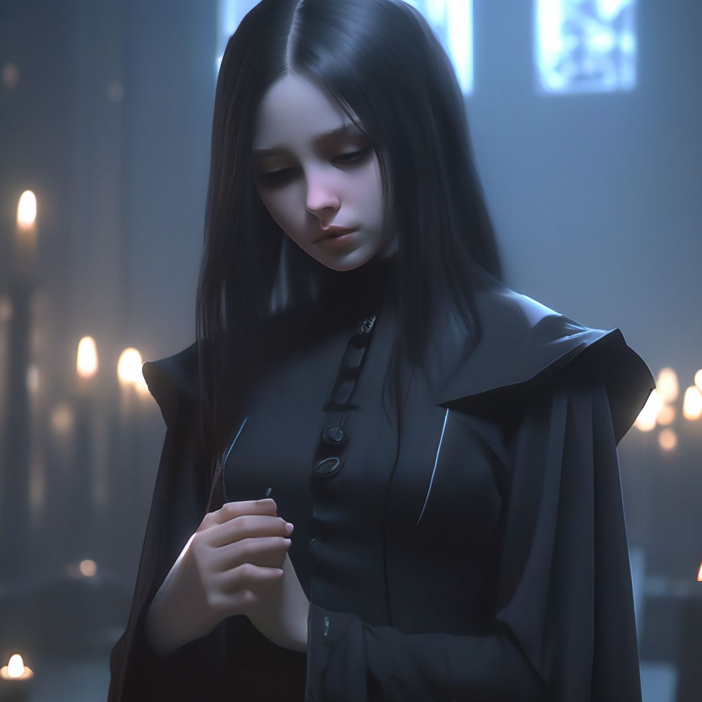 "Goth girl 18 years old, crying girl, in a black cassock fitting a ...