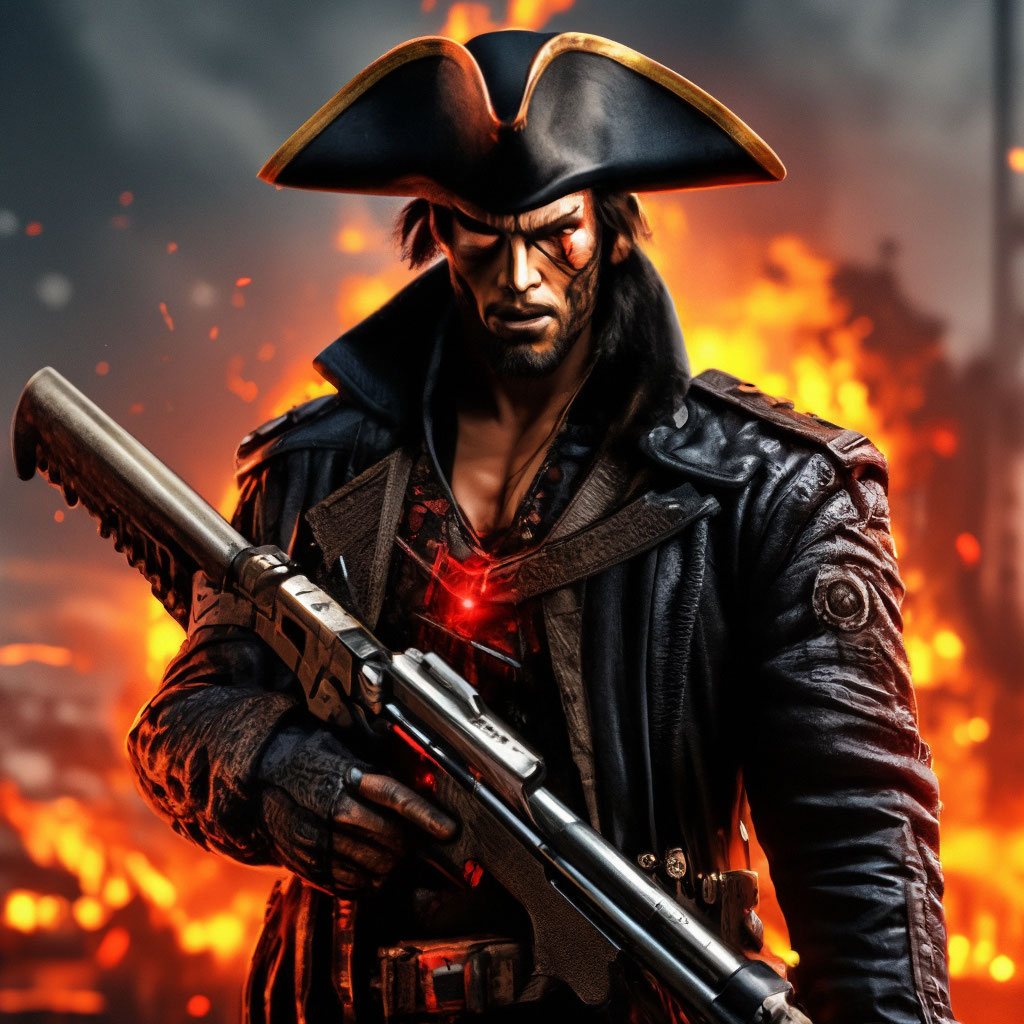 "Terminator pirate with a bone shotgun on a background of fire, one red ...