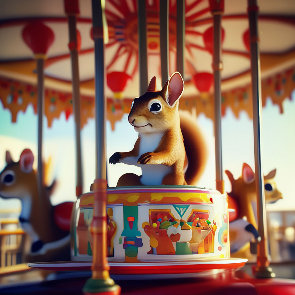 "Squirrel rides on a carousel" — image created in Shedevrum
