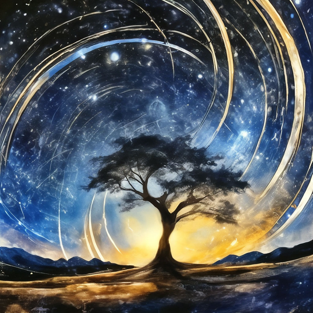 "Hyperrealism, lonely dry mighty tree, view from afar, night sky, open ...