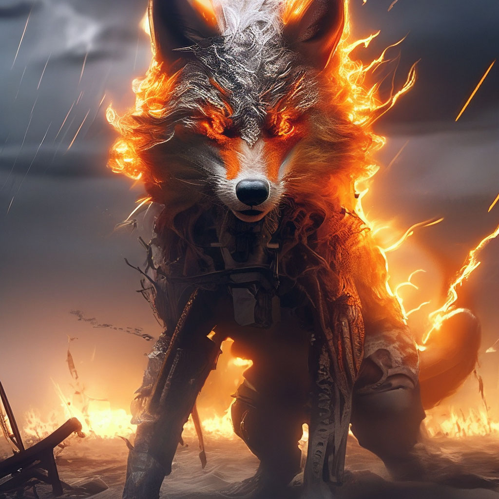 "Fox+ wolf+tiger, big expressive orange eyes, lightning element ...