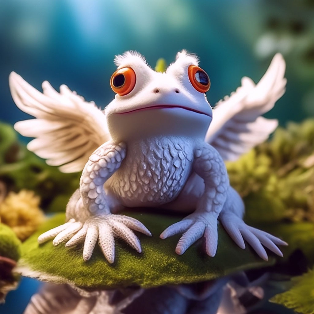 "Mega-beautiful, anthropomorphic, Fluffy, Frog with wings, high detail ...