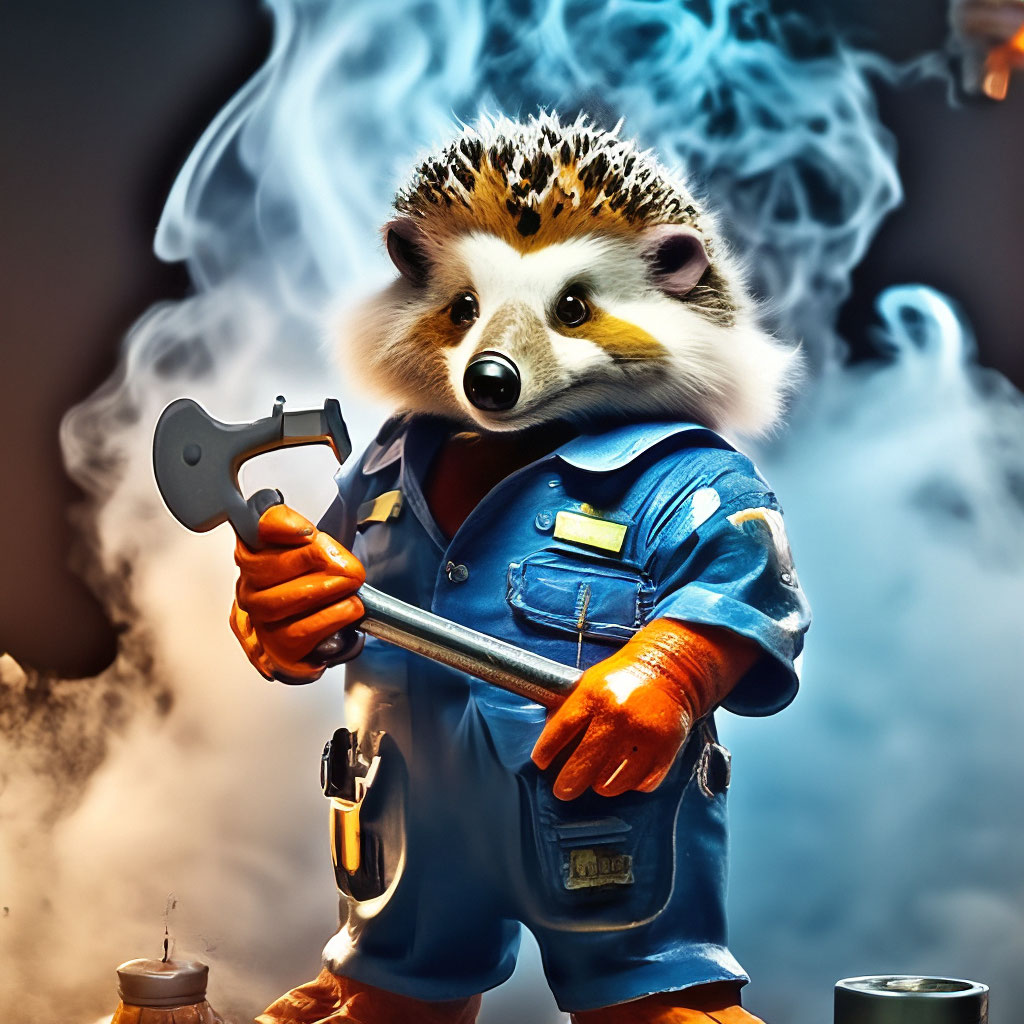 "Hedgehog plumber, standing in clouds of smoke, with a monkey wrench ...