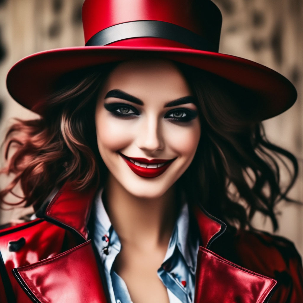 "The brunette lady smiles like Harley Quinn, surrealism, hat and polto ...