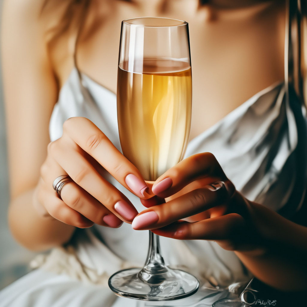 "A beautiful woman's manicured hand holds out a glass of sparkling ...