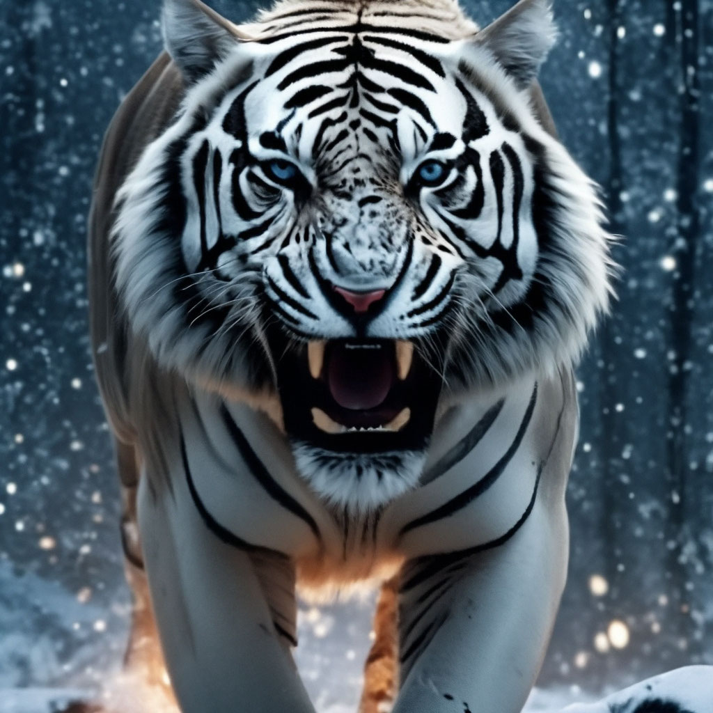 "Angry strong white tiger growls at the moon , stars , moon , snow ...
