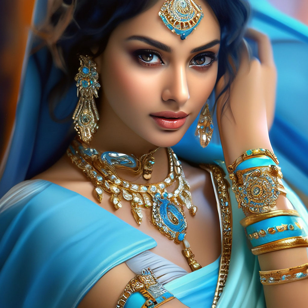 "Dream girl in Indian sari, light blue color of clothes, eye focus ...